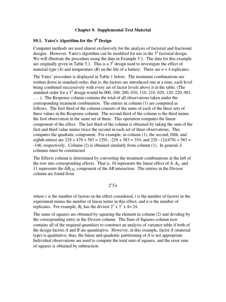 Chapter 9. Supplemental Text Material S9.1. Yates's Algorithm For The 3 ...