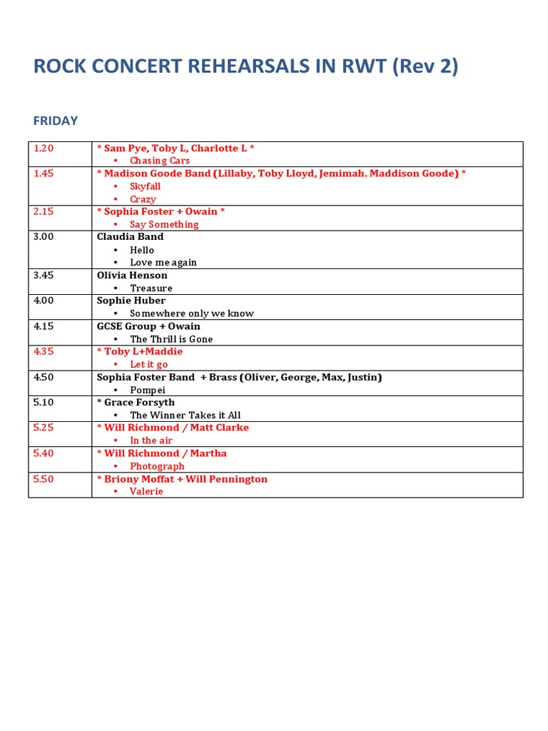 Rock Concert Rehearsal Schedule | PDF