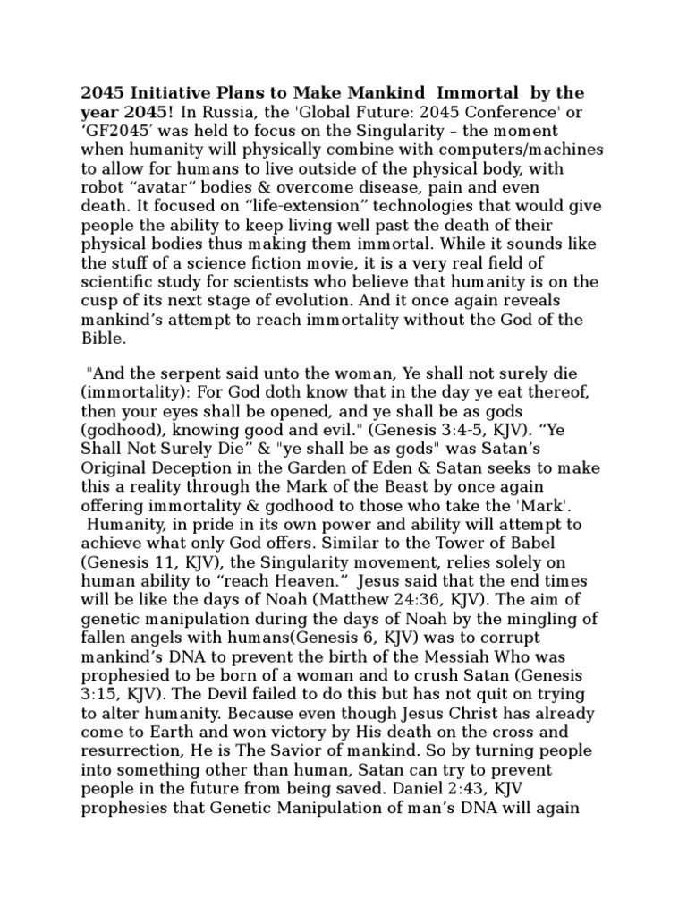 2045 Initiative Plans To Make Man Immortal | PDF | Immortality | Gospel ...