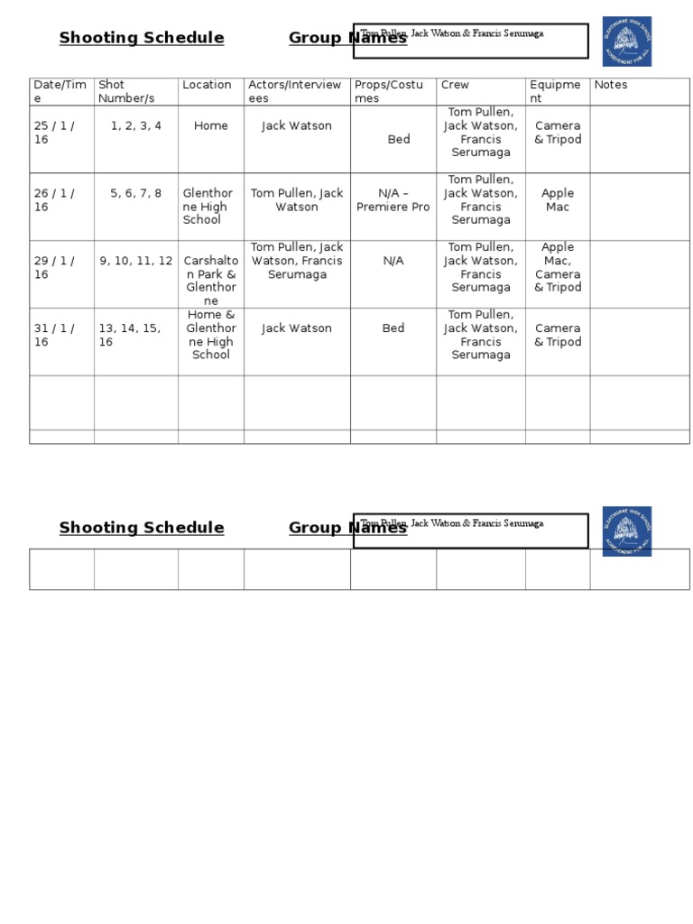 Shooting Schedule For Advert | PDF