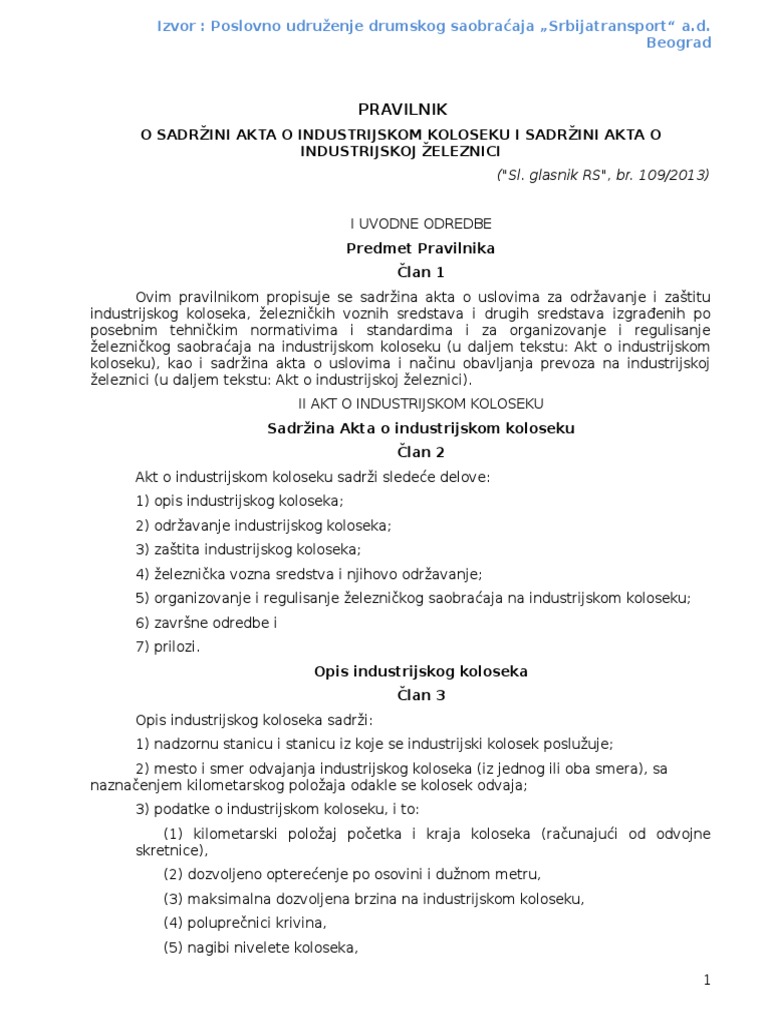 Pravilnik o Sadržini Akta o Industrijskom Koloseku I Sadržini Akta o Industrijskoj Železnici | PDF