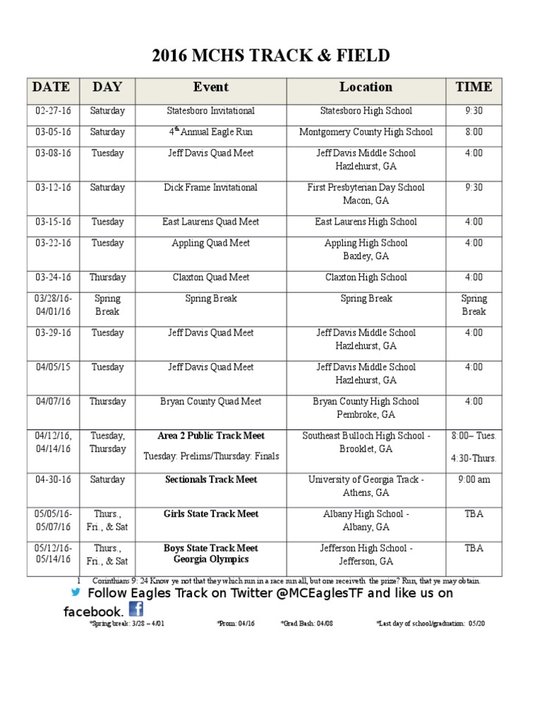 2016 MCHS Track & Field Schedule | PDF | Sports & Recreation