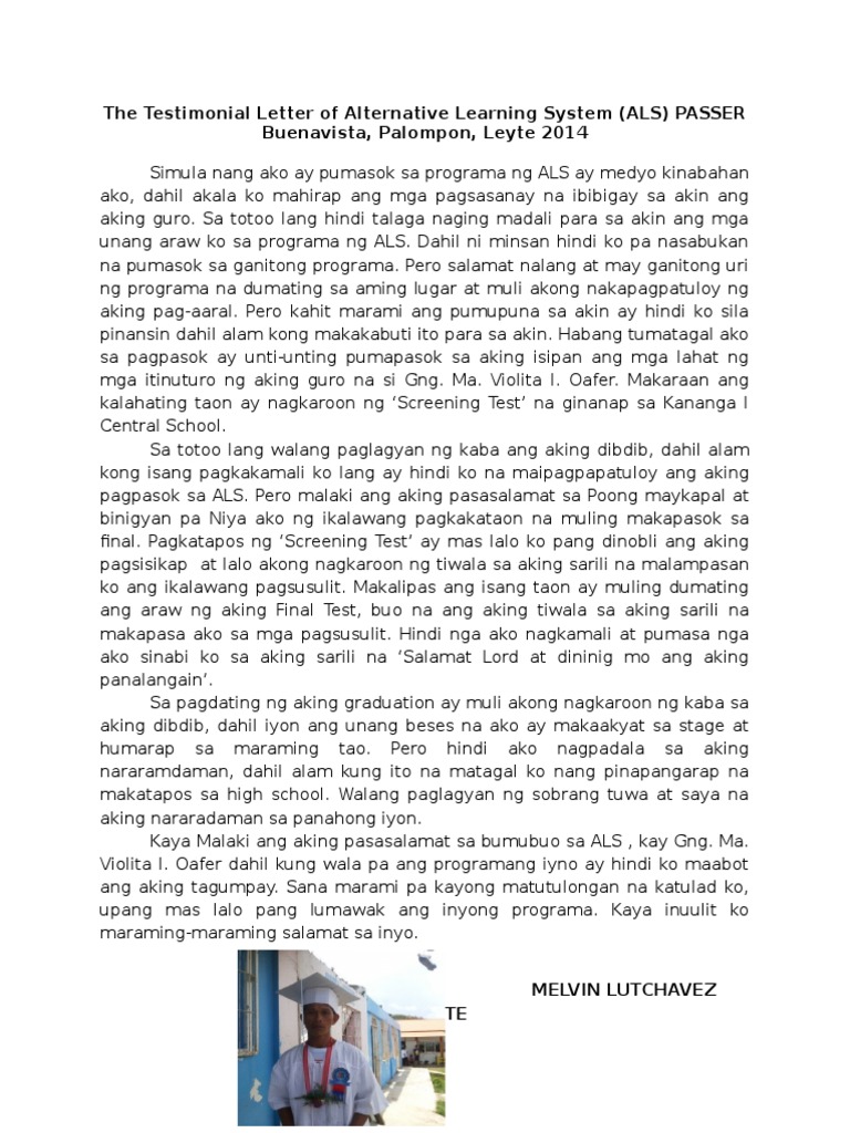 The Testimonial Letter of Alternative Learning System | PDF