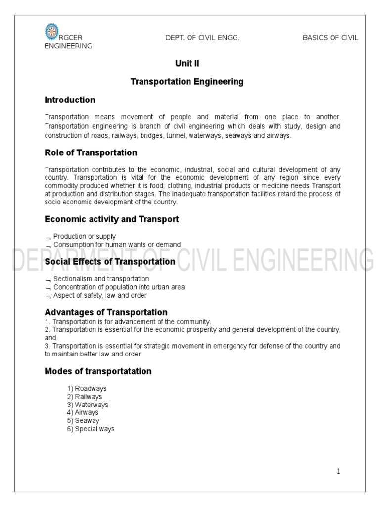 An Overview of Transportation Engineering Basics Including Different ...