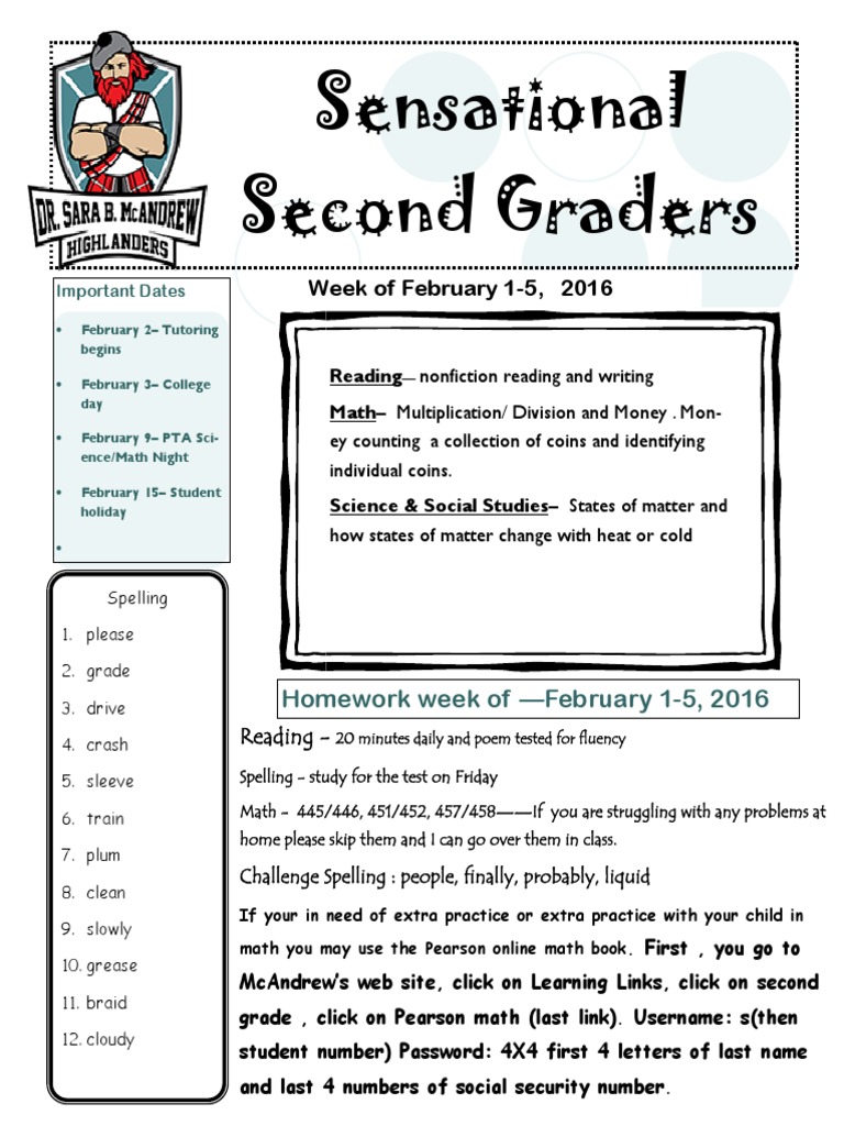 February 2016 Second Grade Homework Guide | PDF