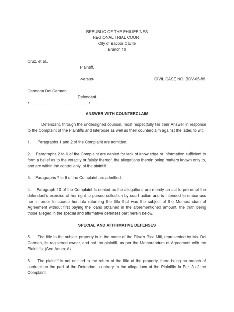 SAMPLE Answer With Counter Claim | PDF | Lawsuit | Complaint
