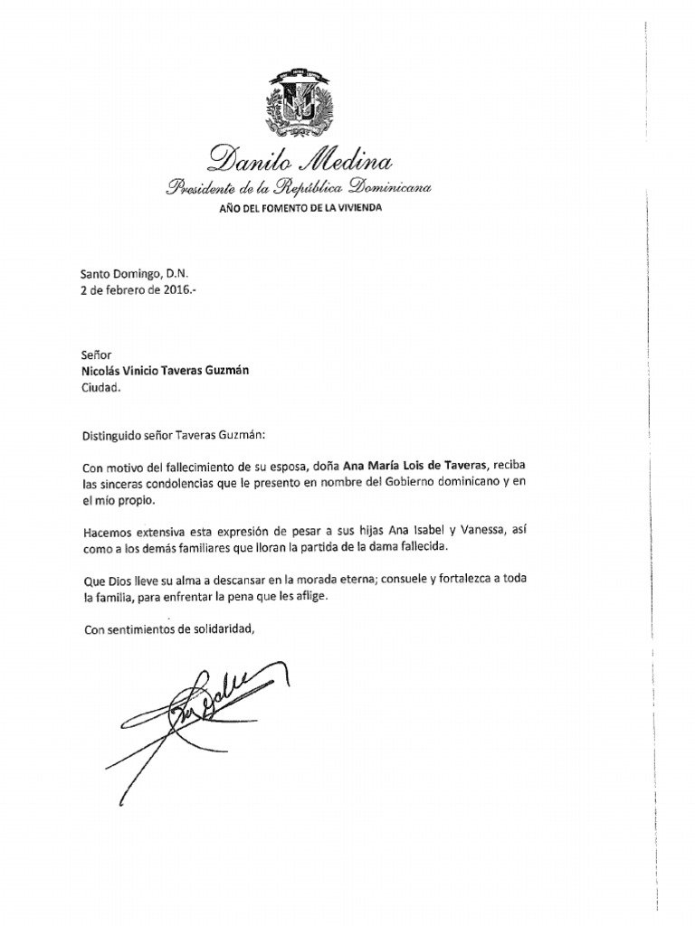 Cartas de Condolencias Del Presidente Danilo Medina A Nicolás Vinicio ...