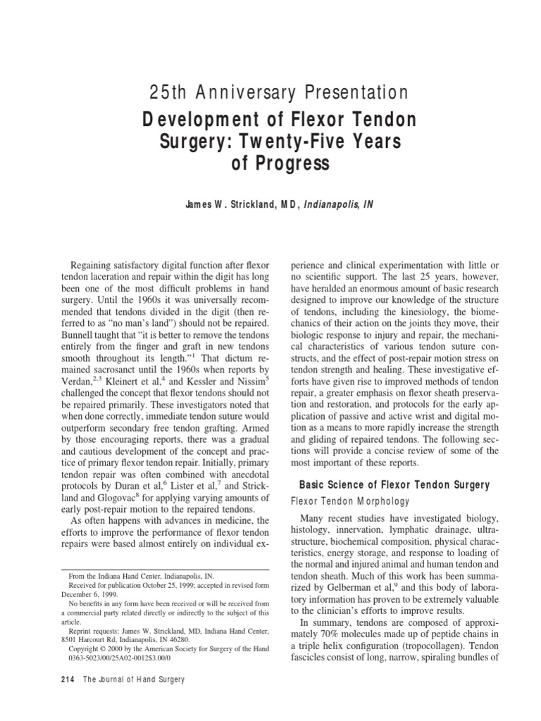 Flexor Tendon Surgery - 25 Years of Progress - Strickland - JHS 2000 ...