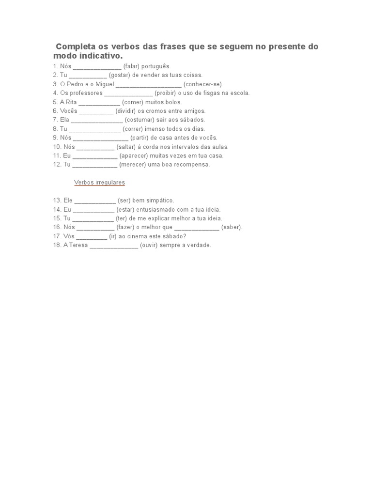 Completar Verbos Em Diferentes Tempos E Modos Verbais Pdf
