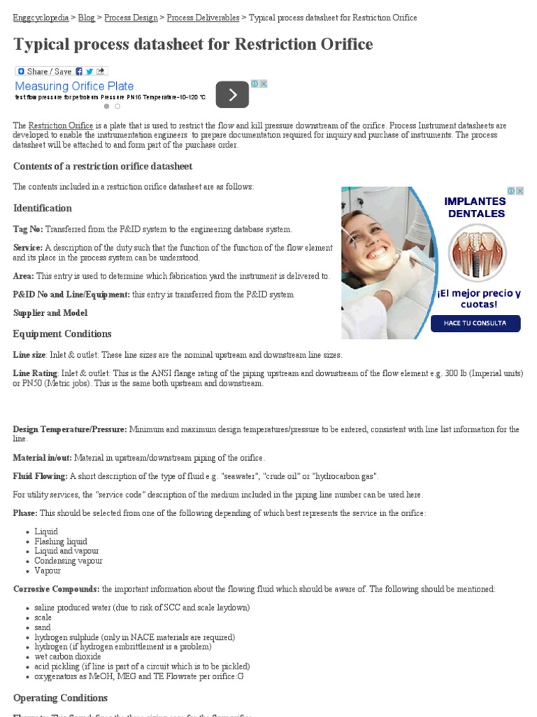 Typical Process Datasheet For Restriction Orifice | PDF | Gases | Liquids