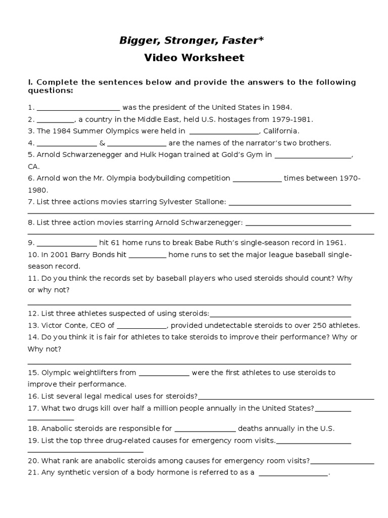 Bigger, Stronger, Faster - Video Worksheet | PDF | Doping In Sport ...