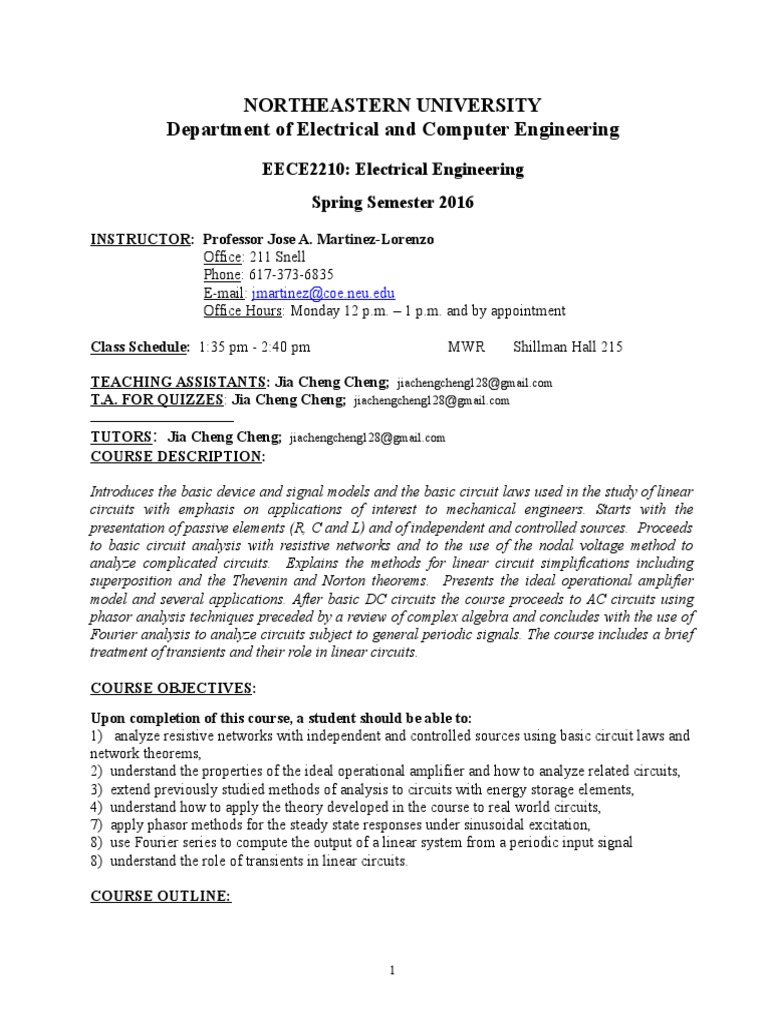 Course Syllabus For EECE2210: Electrical Engineering | PDF | Electrical ...
