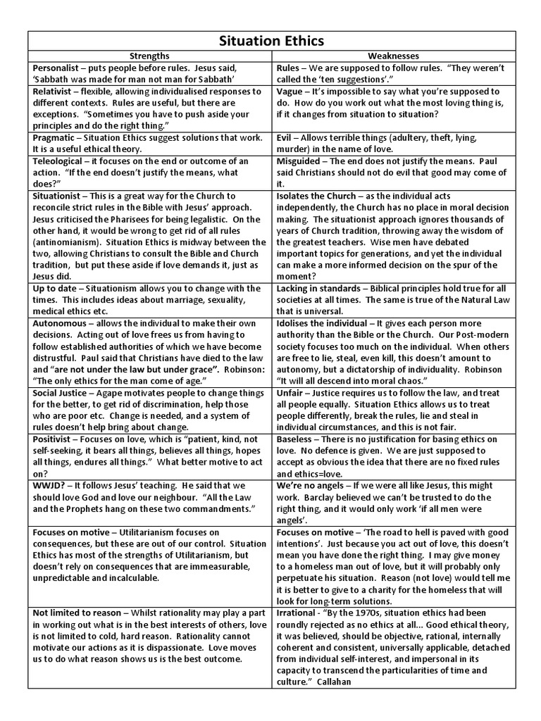 Strengths Weaknesses Situation Ethics | PDF | Utilitarianism | Stereotypes
