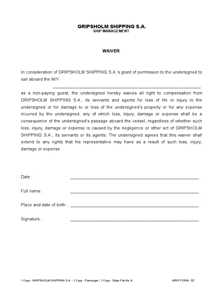 Gripsholm Shipping Waiver Form | PDF | Business | Law