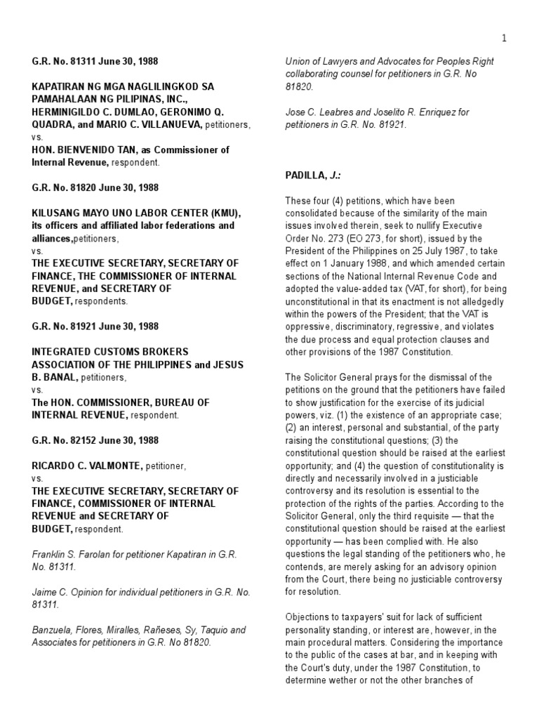 Supreme Court upholds constitutionality of VAT under EO 273 | PDF ...