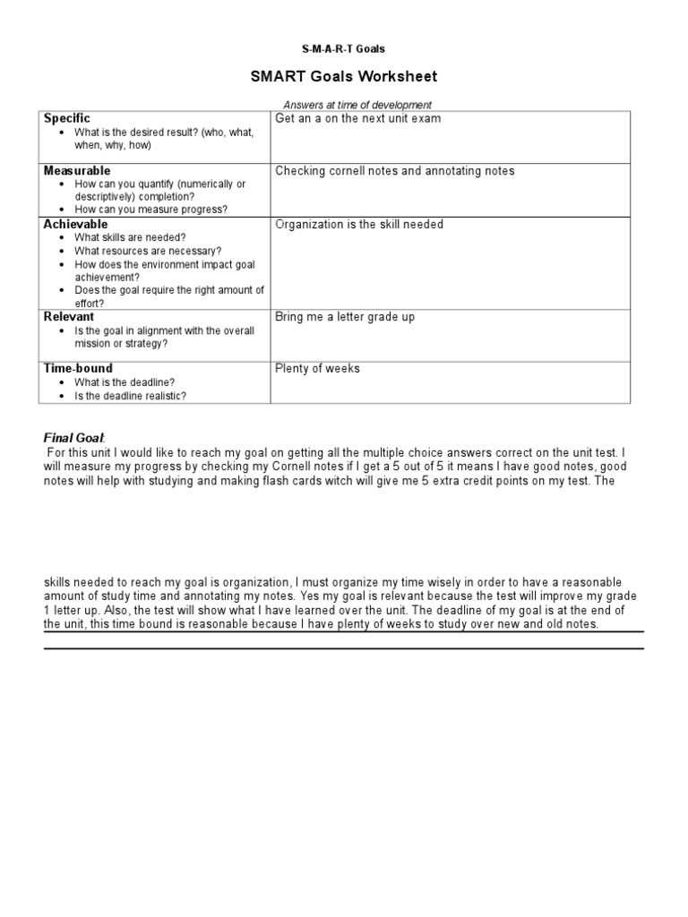 Smart Goals Worksheet 1 | PDF | Goal | Psychology