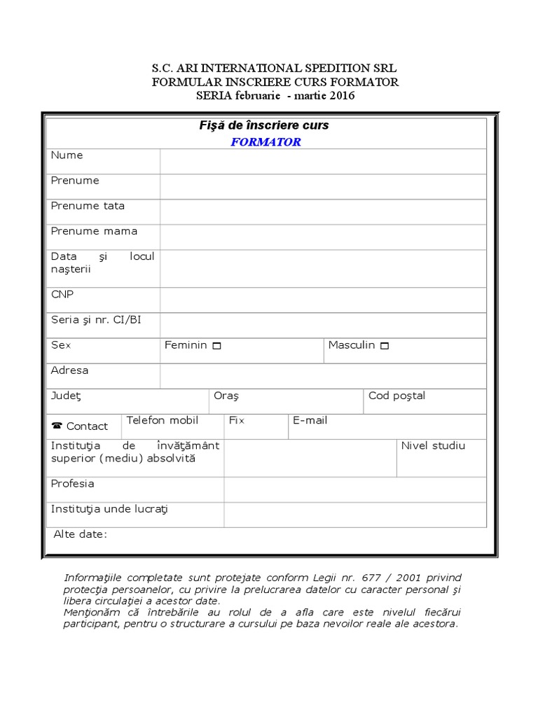 Anunt Si Formular Inscriere CURS FORMATOR | PDF