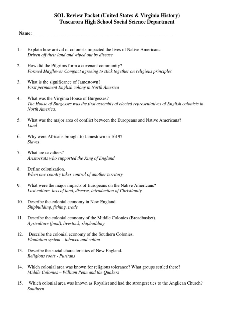 THS VA and US History SOL Review Packet - Answers - 1 | PDF | Thirteen ...