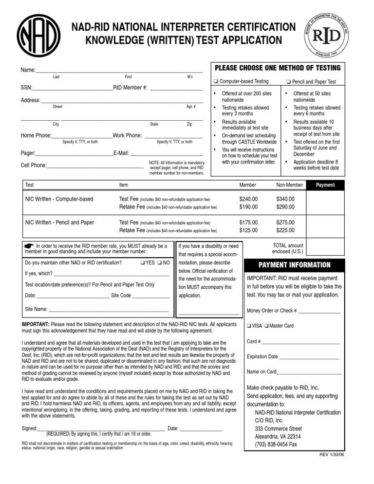 NAD RID NIC Knowledge (Written) Test Application | PDF | Government ...