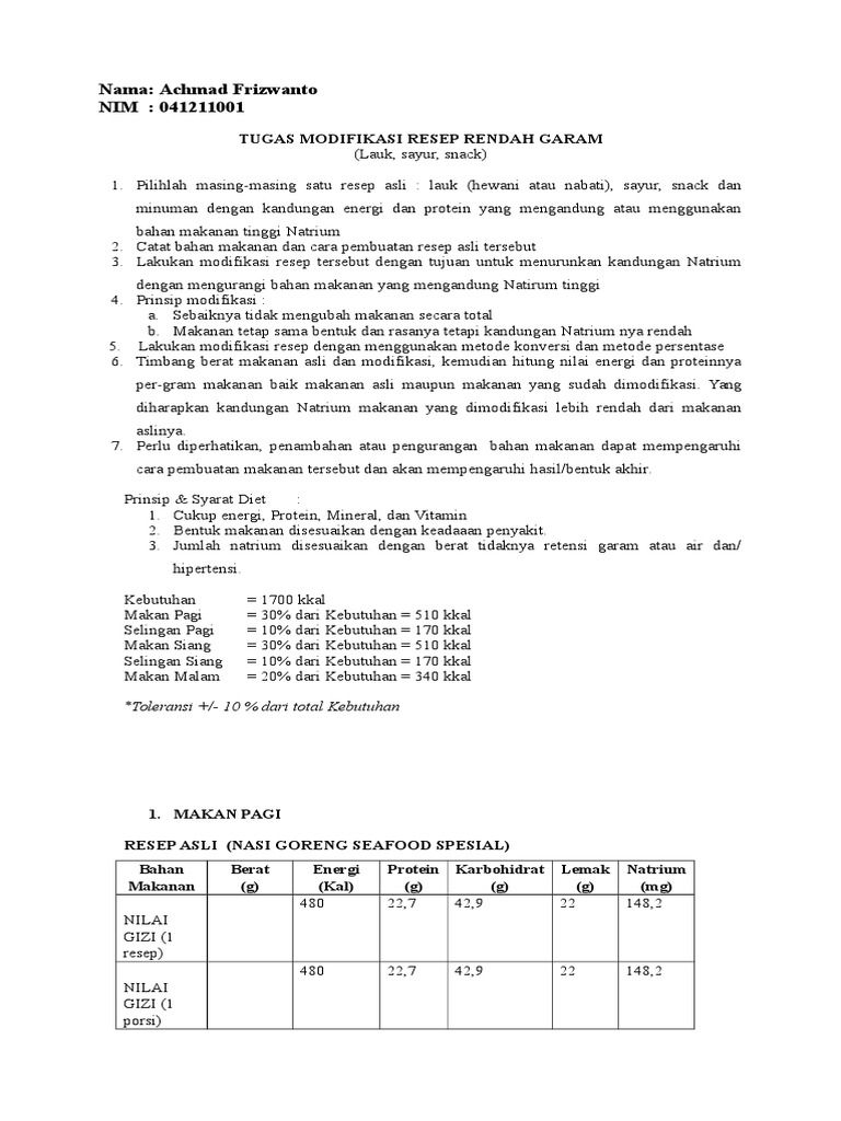 Tugas Modifikasi Resep Rendah Garam | PDF | Memasak, Makanan, & Anggur