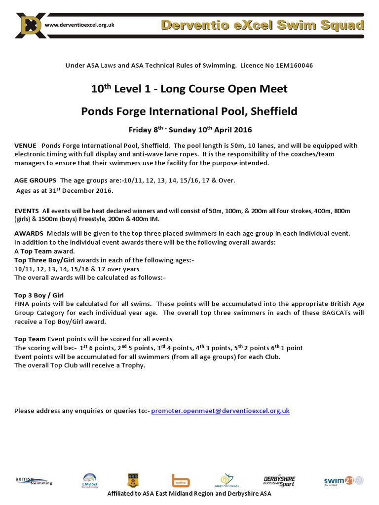Derventio EXcel 10th Open Meet Entry Pack | PDF | Swimming (Sport ...