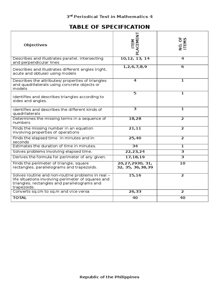 3rd Periodical Test in Math 4 With TOS 2 | PDF | Euclidean Geometry ...