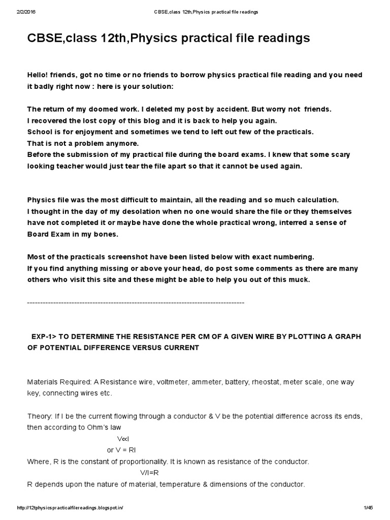 CBSE, Class 12th, Physics Practical File Readings | PDF | Lens (Optics ...