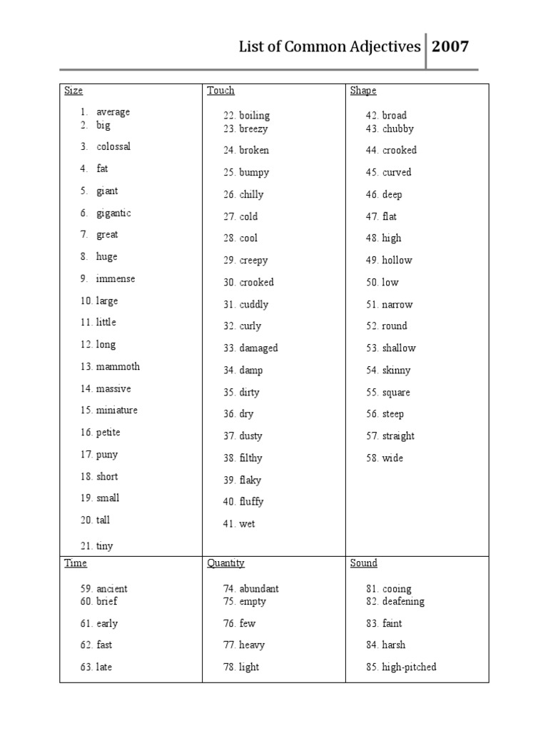 List of Adjectives | PDF | Cognitive Science | Linguistics