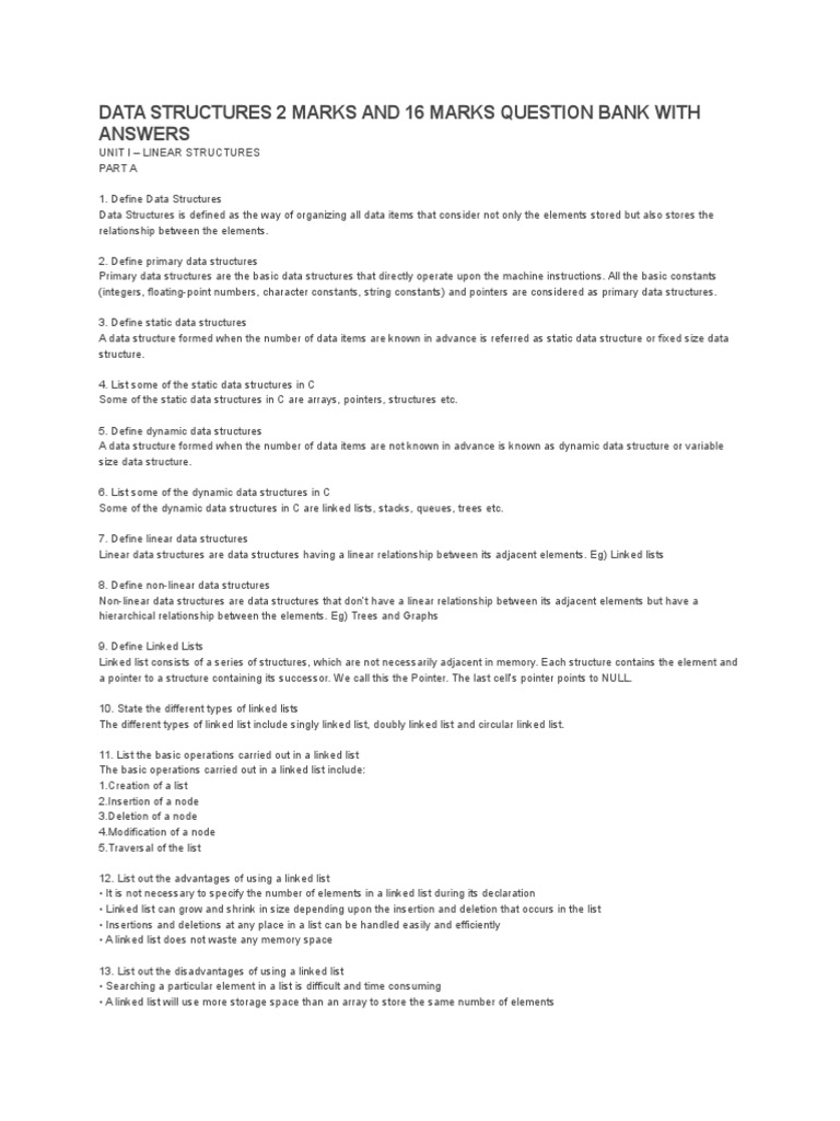 Data Structures 2 Marks and 16 Marks Question Bank With Answers ...