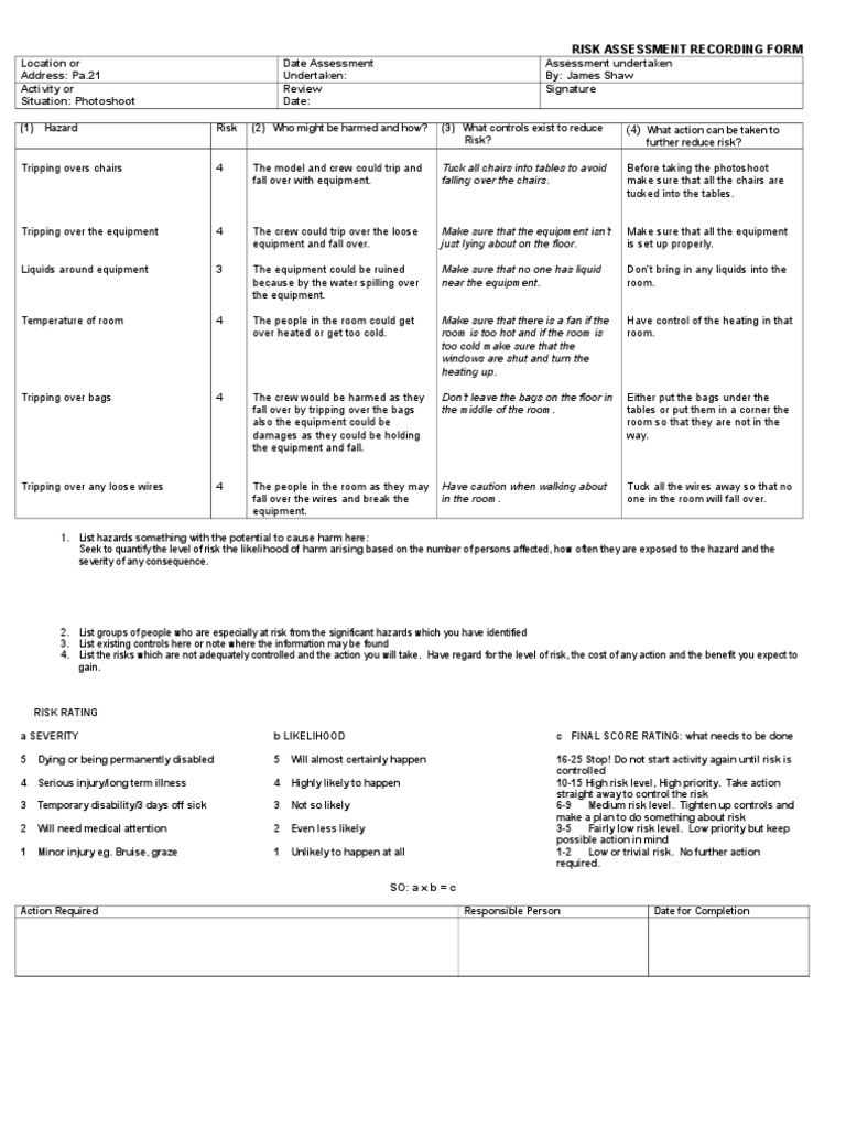 Risk Assessment Template | Risk | Disability