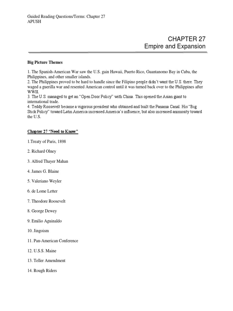 Reading Questions - Chapter 27 Apush | PDF | Theodore Roosevelt ...