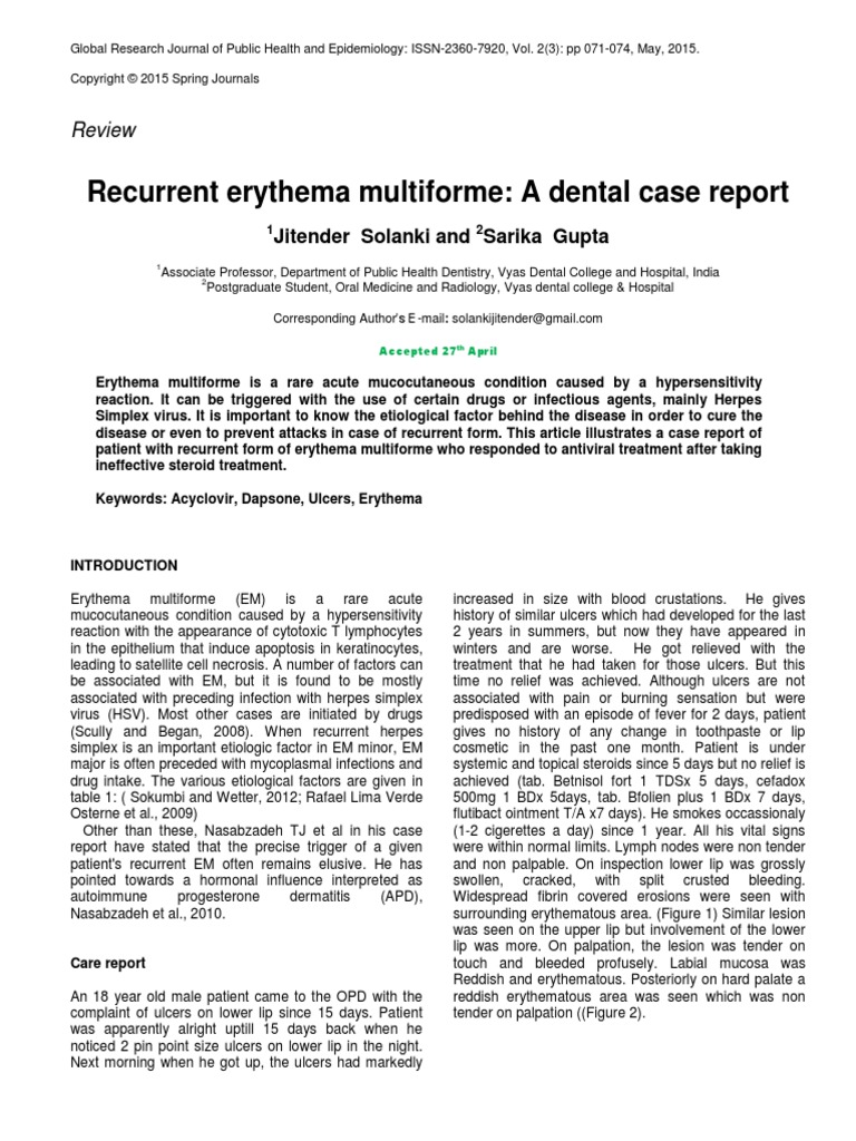 Recurrent Erythema Multiforme: A Dental Case Report: Review | PDF ...