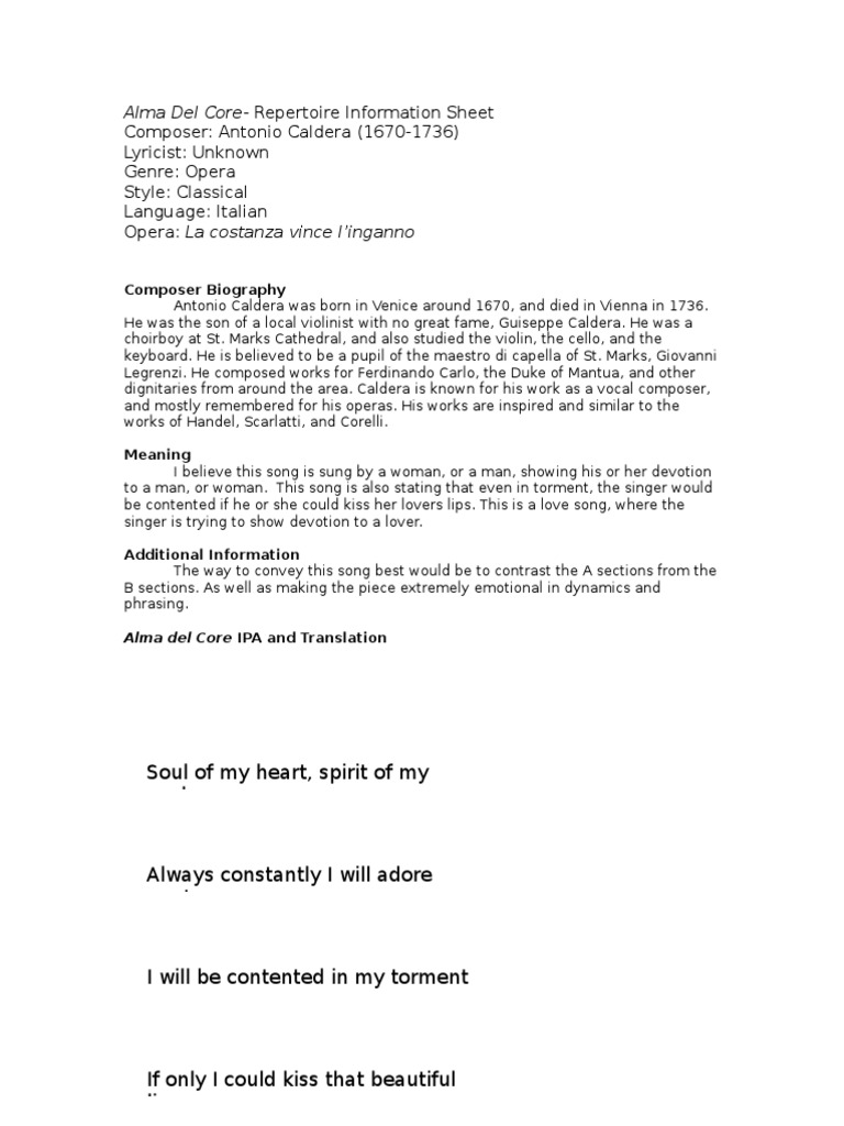 Alma Del Core Information Sheet | PDF | Classics