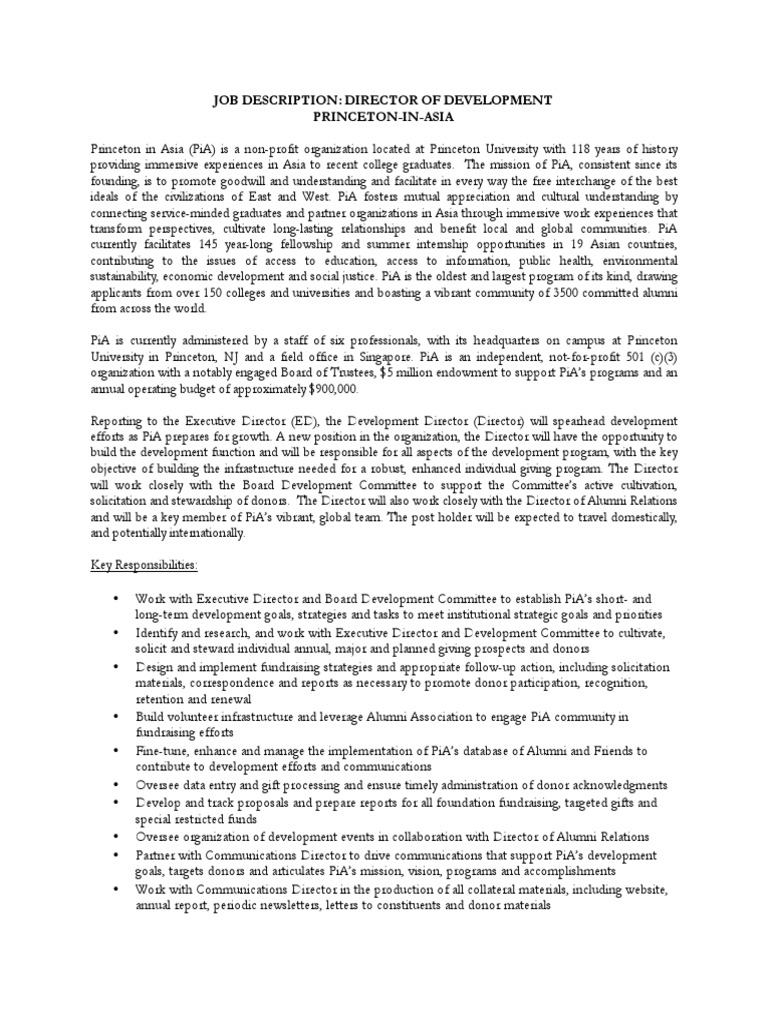 PiA Director of Development Job Description PiAWeb 2-2-16 | PDF ...