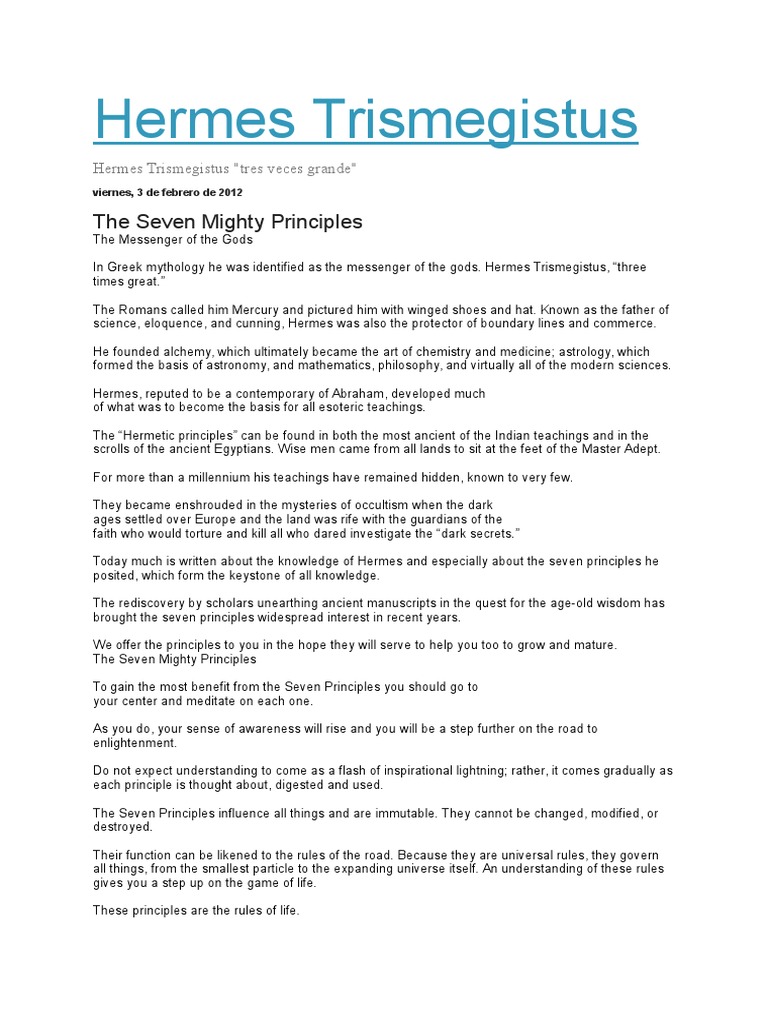 Hermes Trismegistus: The Seven Mighty Principles | PDF | Hermes ...