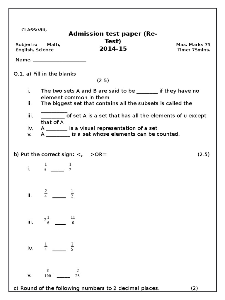 Admission Test Paper 2014-15 For Class 8 - Re Test | PDF | Sound | Light