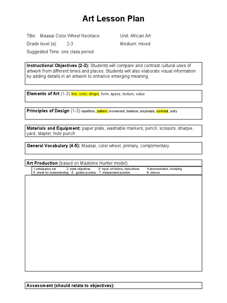 Art Lesson Plan: Line, Color, Shape, Form, Space, Texture, Value | PDF