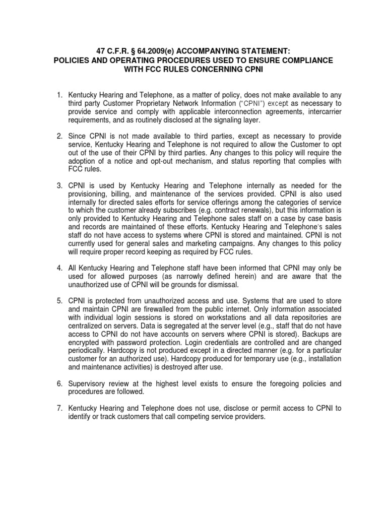 CPNI Compliance Policies Overview | PDF | Federal Communications ...