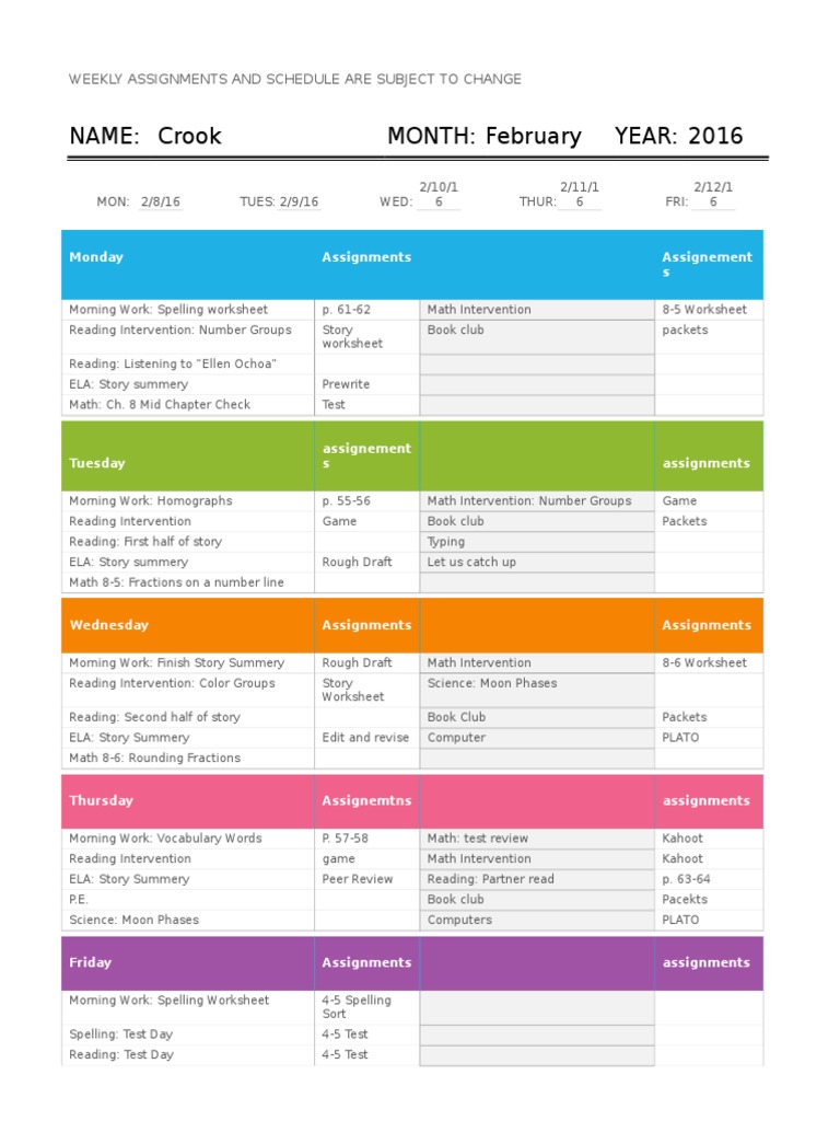February 2016 Weekly Assignments Schedule | PDF | Foreign Language ...