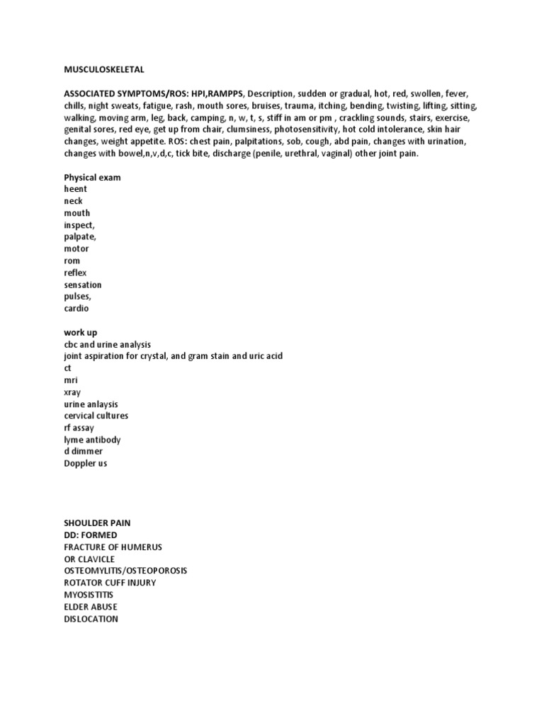 Musculoskeletal ASSOCIATED SYMPTOMS/ROS: HPI, RAMPPS, Description ...