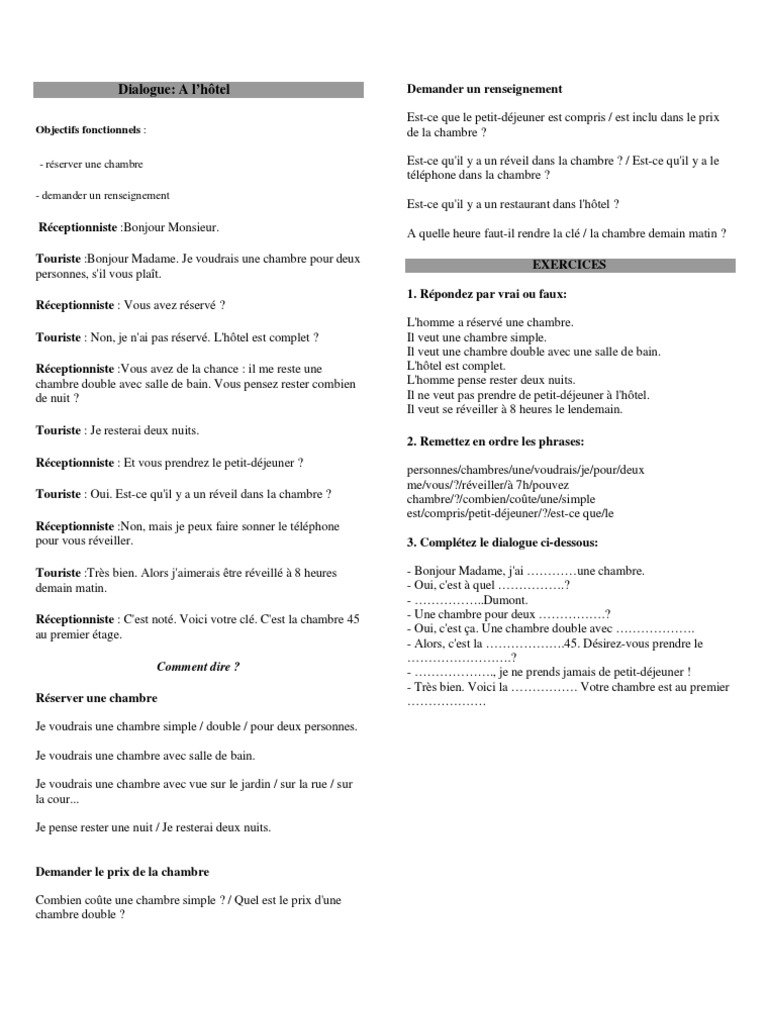 Dialogue A L'hotel | PDF | Hôtel et logement | Tourisme et loisirs