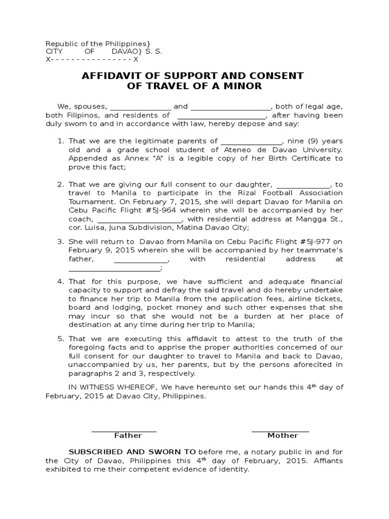 Affidavit Of Support And Consent To Travel