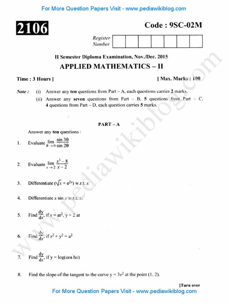 Diploma 2nd Sem Applied Mathematics Exam | PDF | Geometry | Algebra