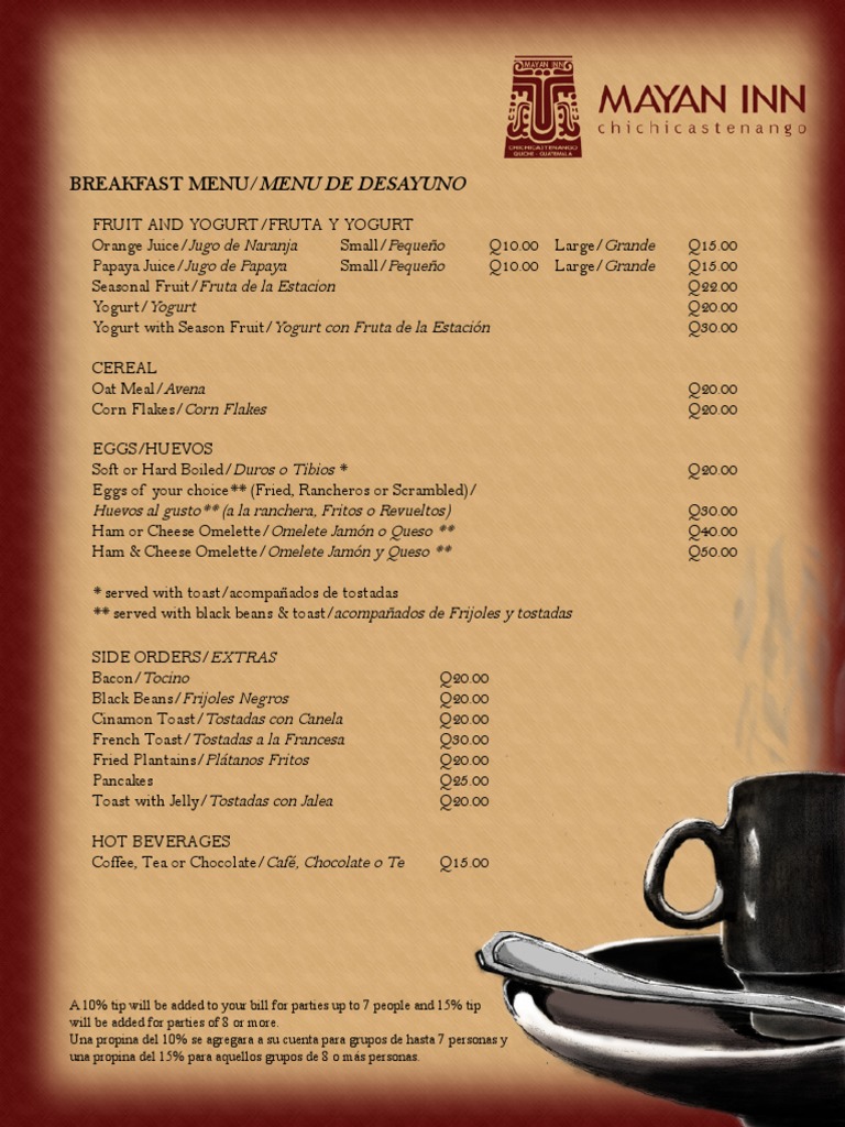 A Bilingual Breakfast and Lunch/Dinner Menu from a Guatemalan ...