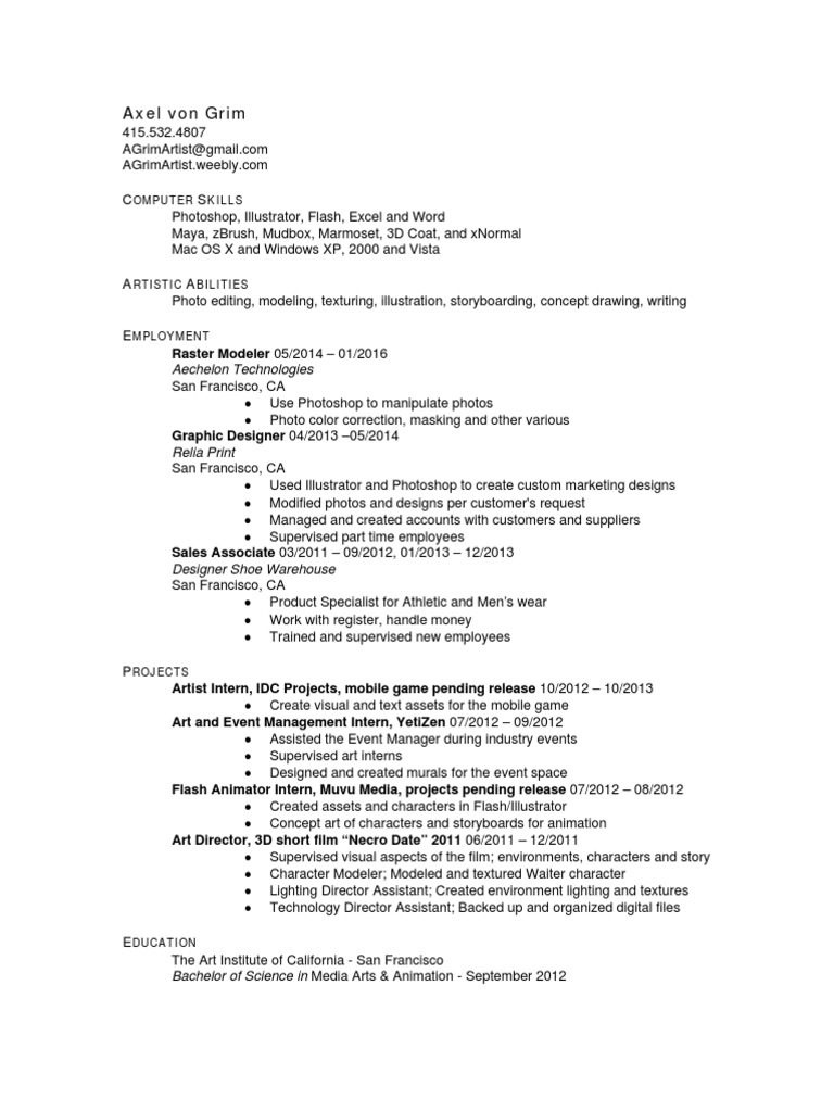 Axel von Grim: Multimedia Artist Resume | PDF