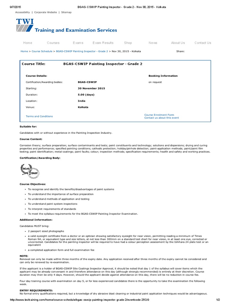 BGAS-CSWIP Painting Inspector - Grade 2 - Nov 30, 2015 - Kolkata | PDF ...