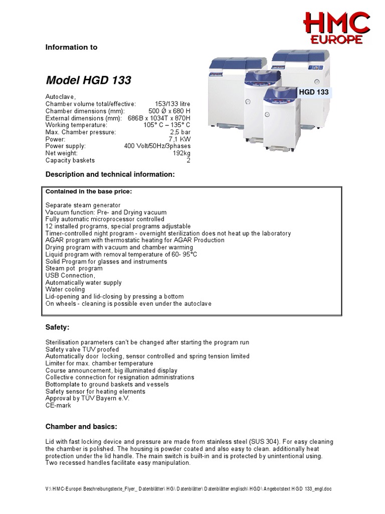 HGD-133 Datasheet | PDF | Sterilization (Microbiology) | Steam
