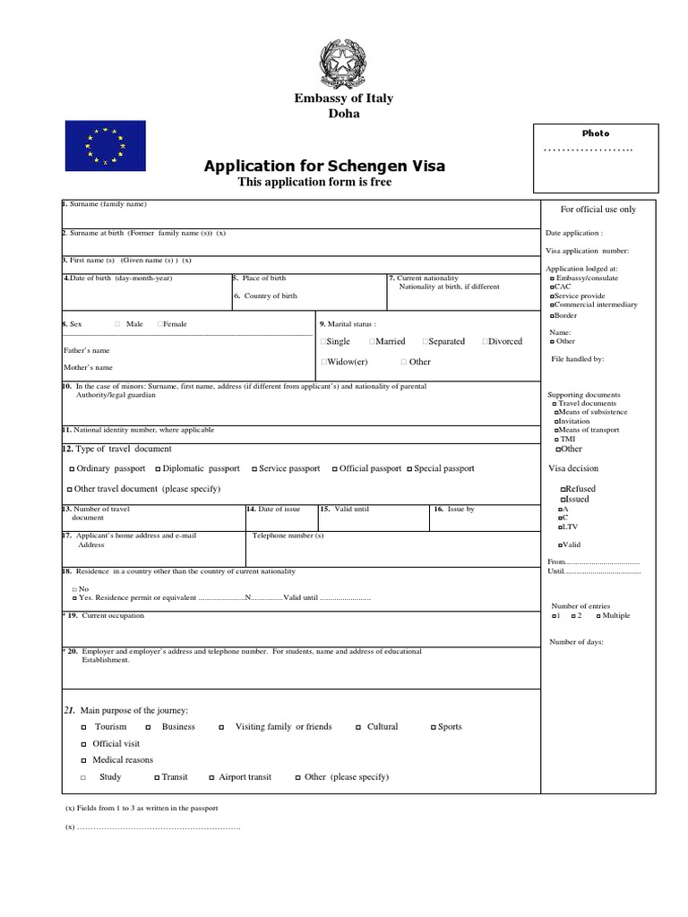 Italy Schengen Visa Application Form | PDF | Travel Visa | Official ...