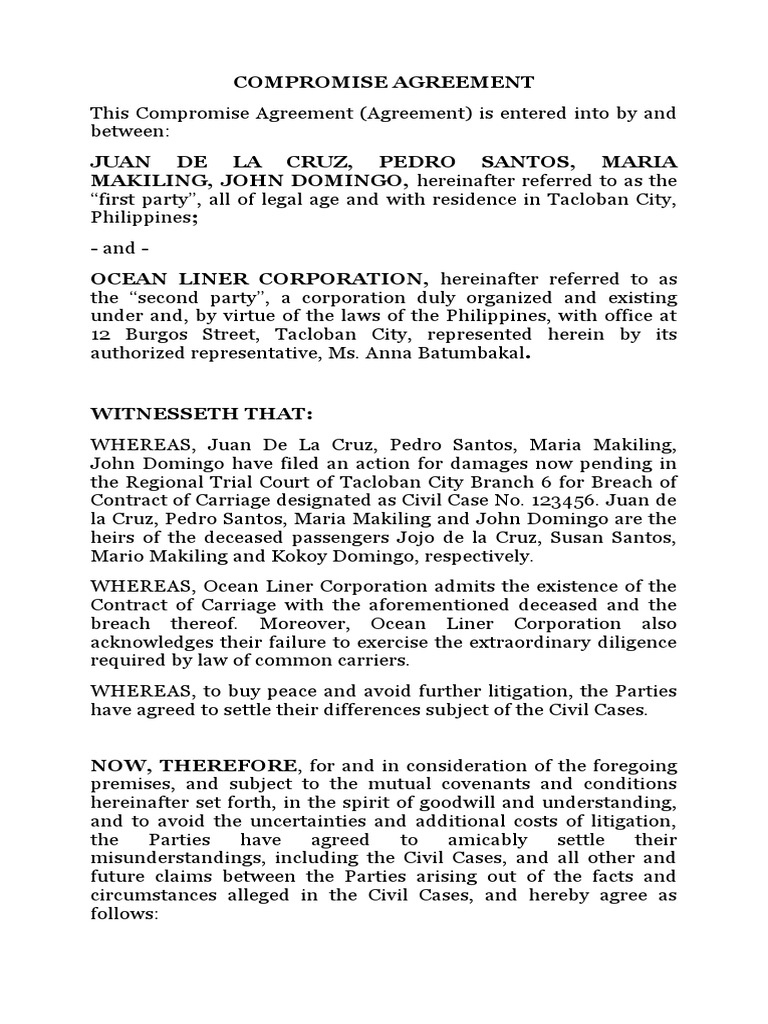 Compromise Agreement for Civil Case Settlement | PDF | Assignment (Law ...