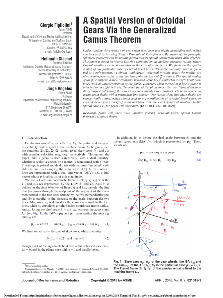 A Spatial Version of Octoidal Gears Via The Generalized Camus Theorem ...